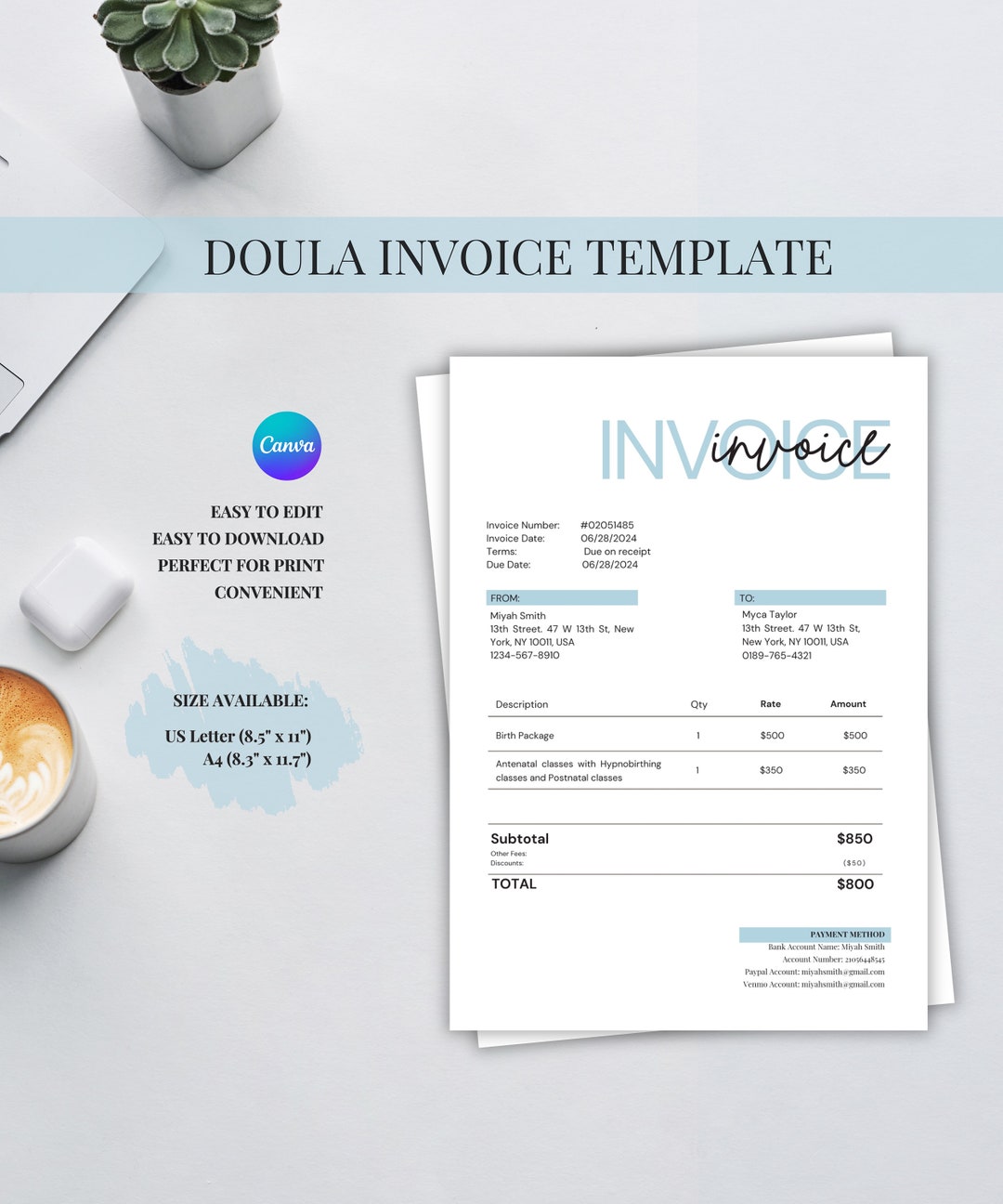 Invoice Template Online, Printable Invoice, Invoice Template PDF, Doula ...