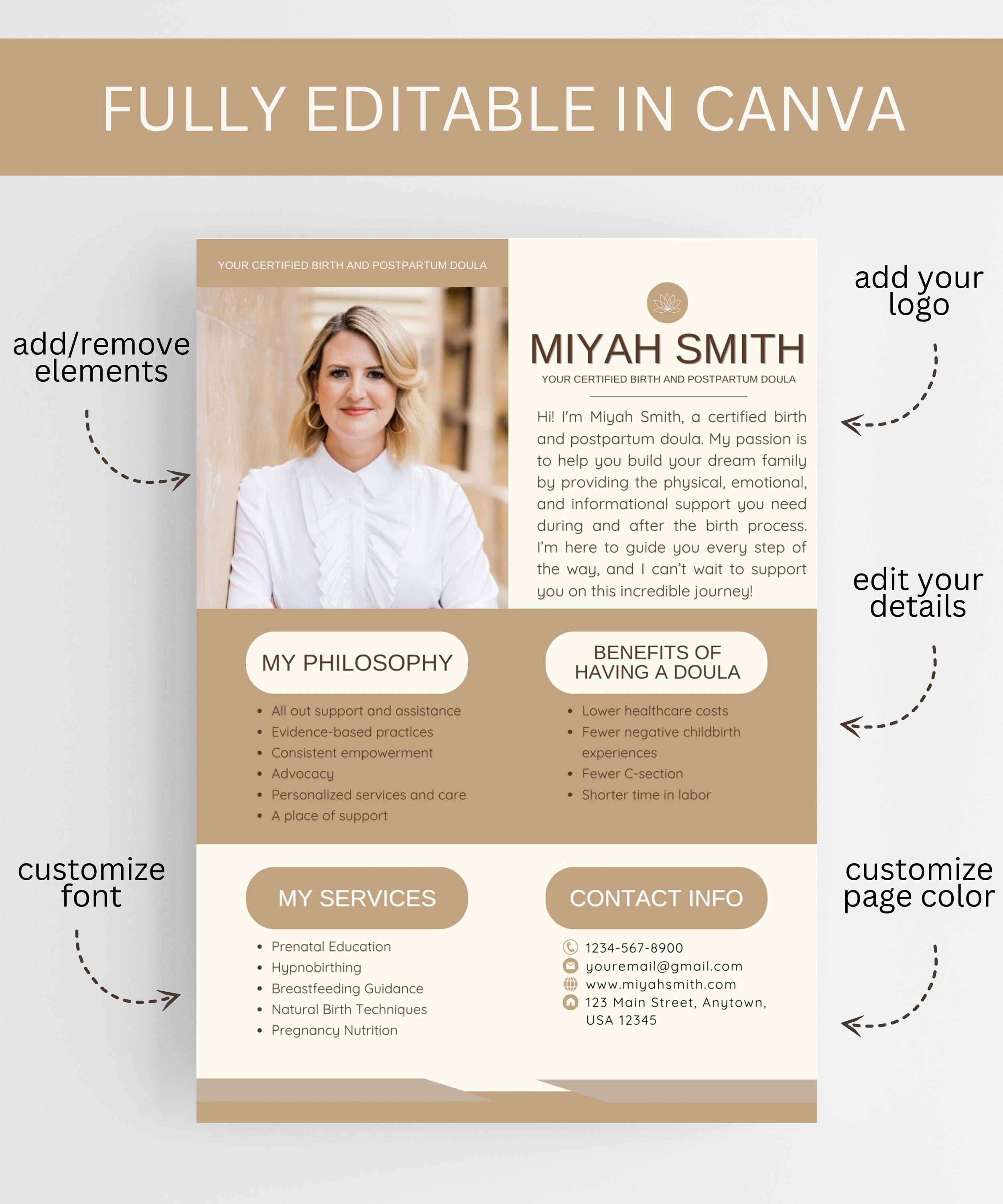 Doula Flyer Template, Doula Brochure Design, Canva Editable Doula ...