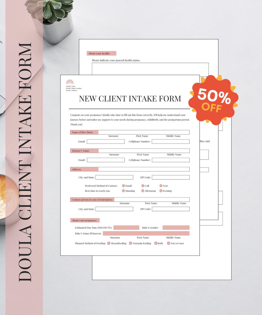 Doula Client Intake Form, New Client Form, Doula Handouts, New Client ...