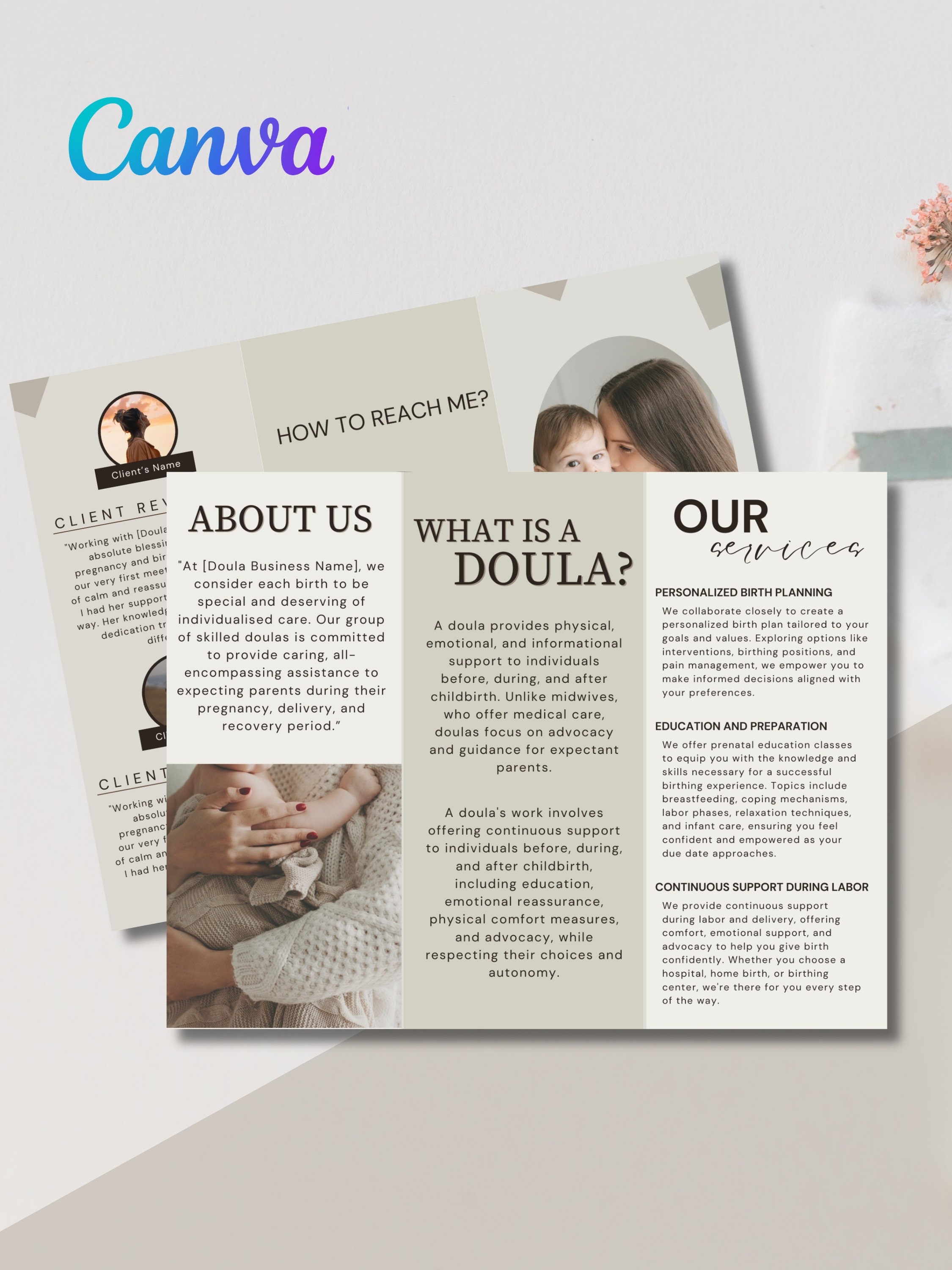 Birth Doula Brochure Template, Canva Editable Trifold Brochure, Doula ...