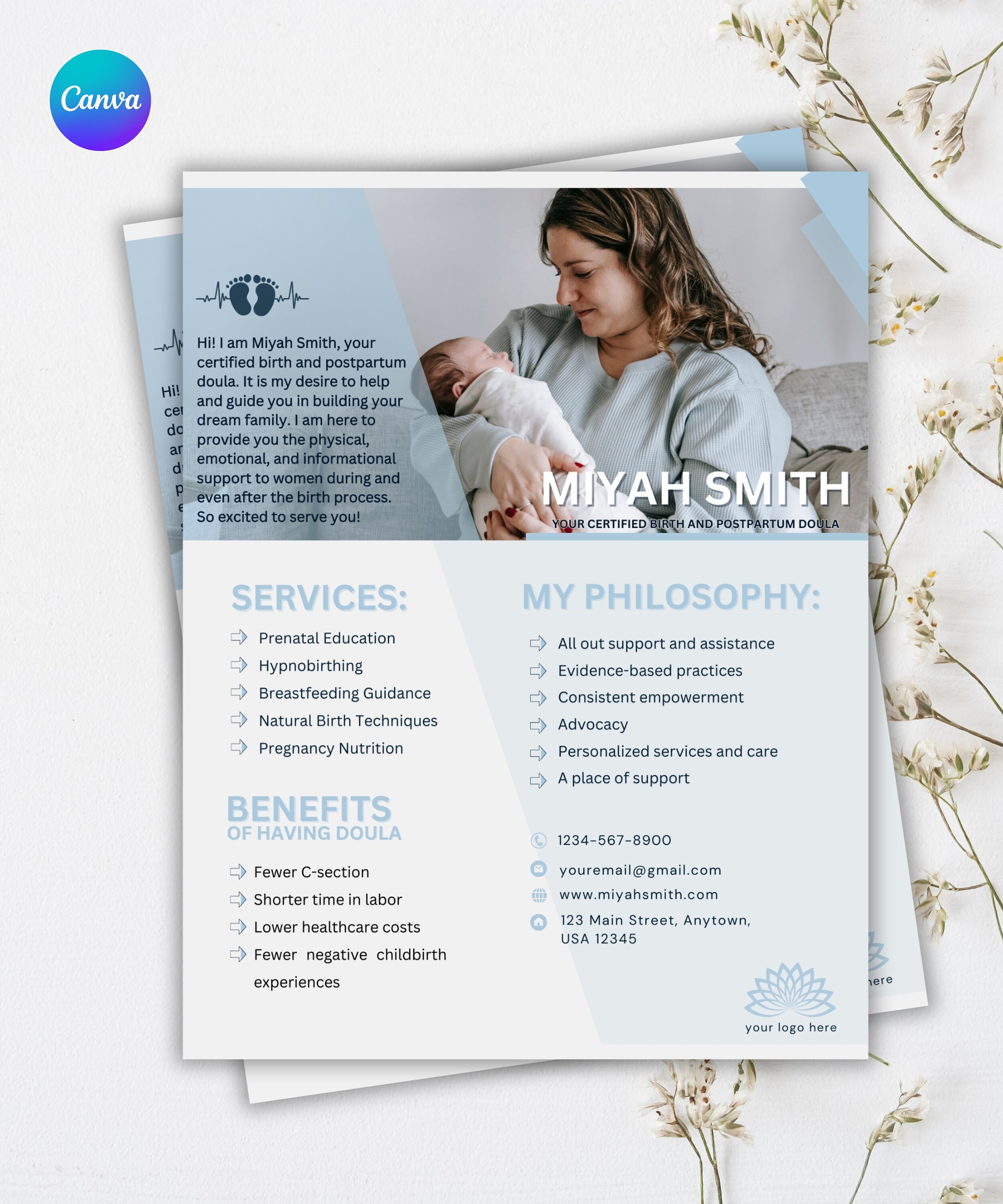 Doula Flyer Template, Birth Doula Brochures, Canva Editable Doula ...