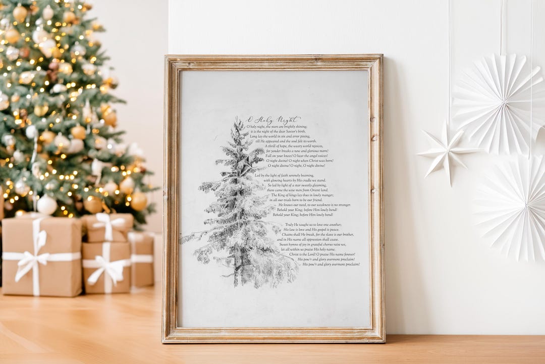 O Holy Night Lyrics | Christmas Hymn Wall Art, Vintage Fir Tree Sketch ...