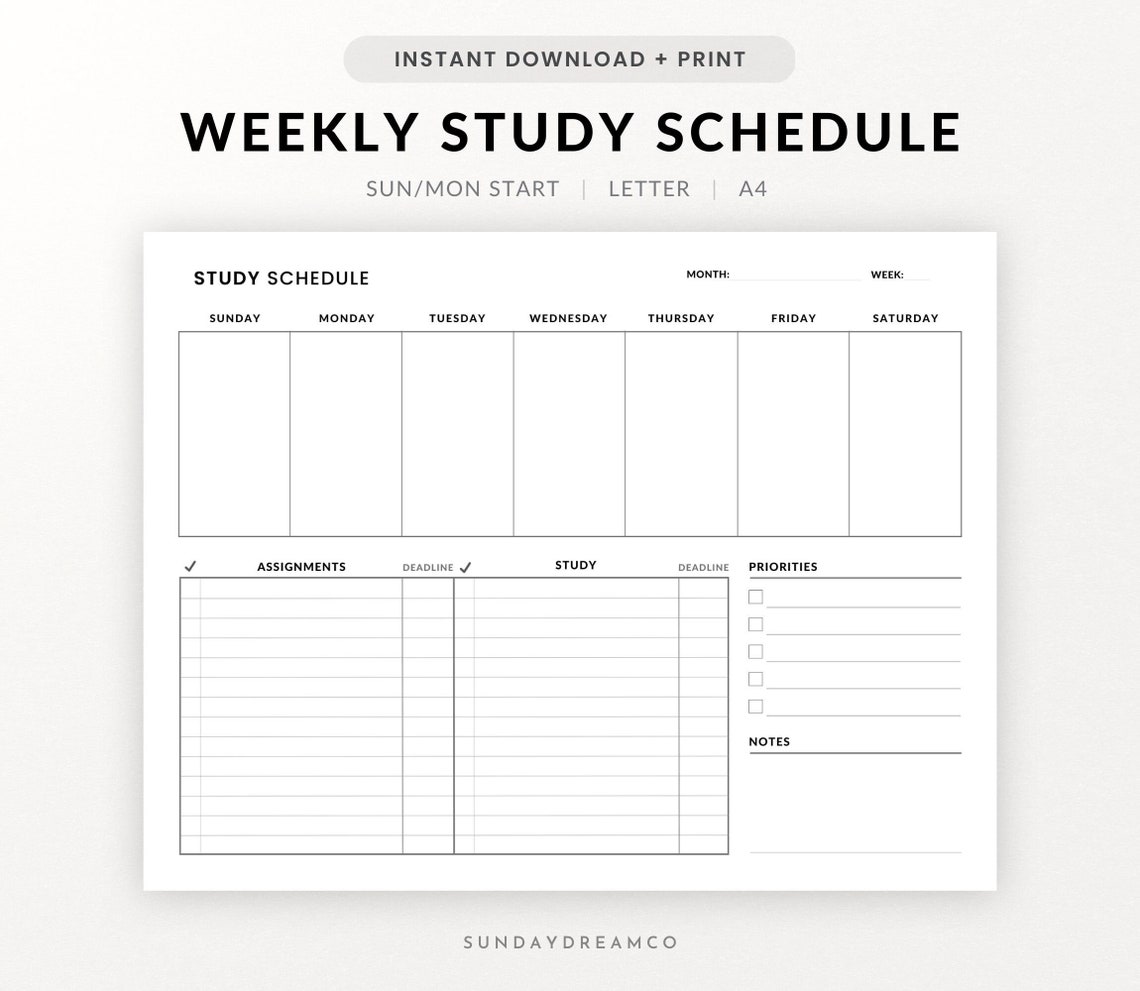 Study Weekly Planner Printable, Minimalist Study Schedule, Weekly Organizer, Printable Desk ...