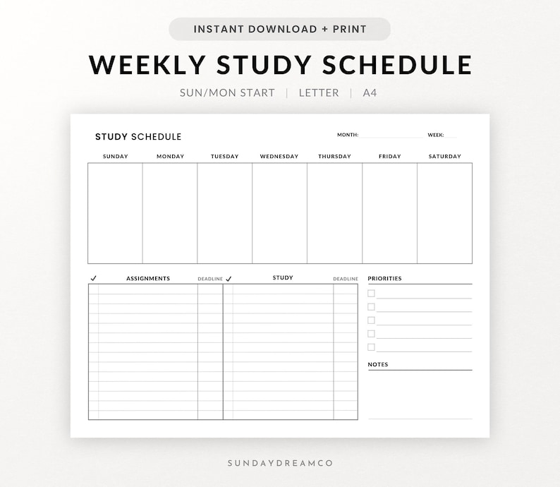 Study Weekly Planner Printable, Minimalist Study Schedule, Weekly ...