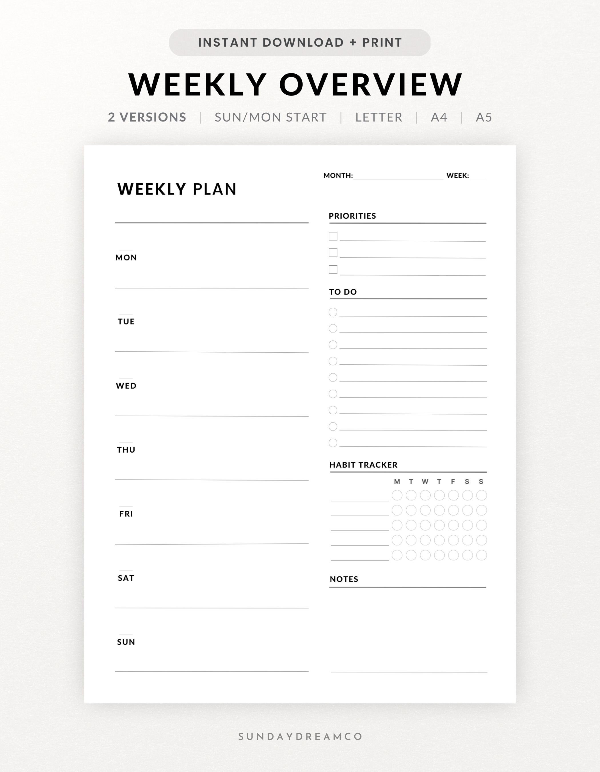 2023 Weekly Printable, Week at A Glance, Weekly Habit Tracker, Weekly ...