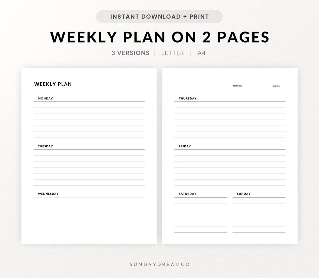 Week on 2 Pages, Minimal Weekly Planner Printable Pdf,week at a Glance ...