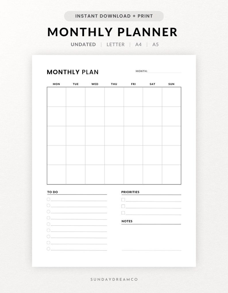 Monthly Planner Printable, Minimalist Planner Printable, Digital ...