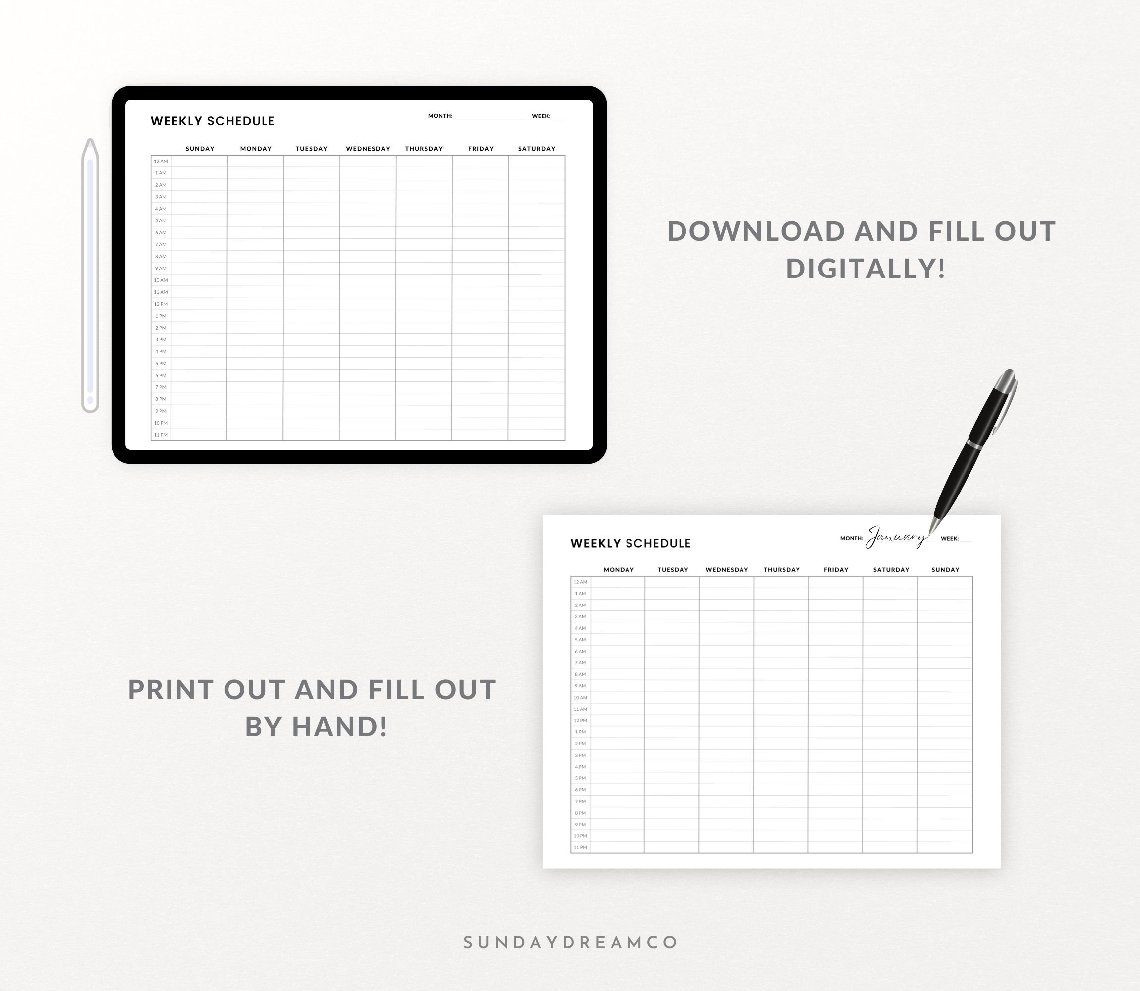 2023 Undated Hourly Weekly Planner, Minimalist Printable Weekly Planner ...