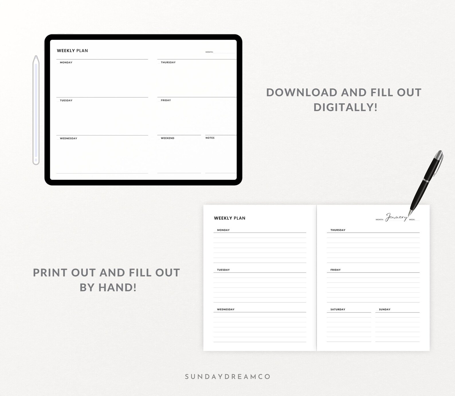 Week on 2 Pages, Minimal Weekly Planner Printable Pdf,week at a Glance ...