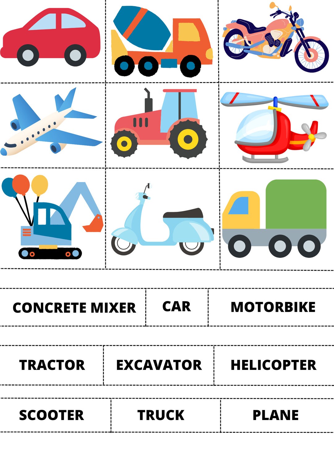 Printable Cutouts for Kids, Match Pictures, Vehicles - Etsy