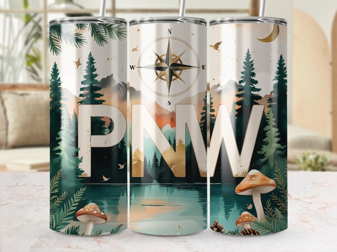 PNW Forest Tumbler Wrap PNG | Compass, Lake, Mountains (digital ...