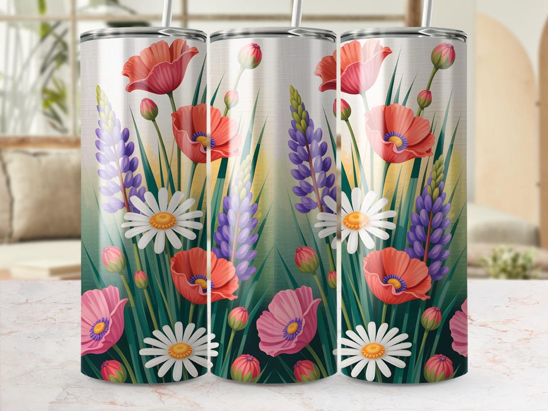 Floral Tumbler Wrap, Poppies, Daisies, Lupine Design (digital Download ...