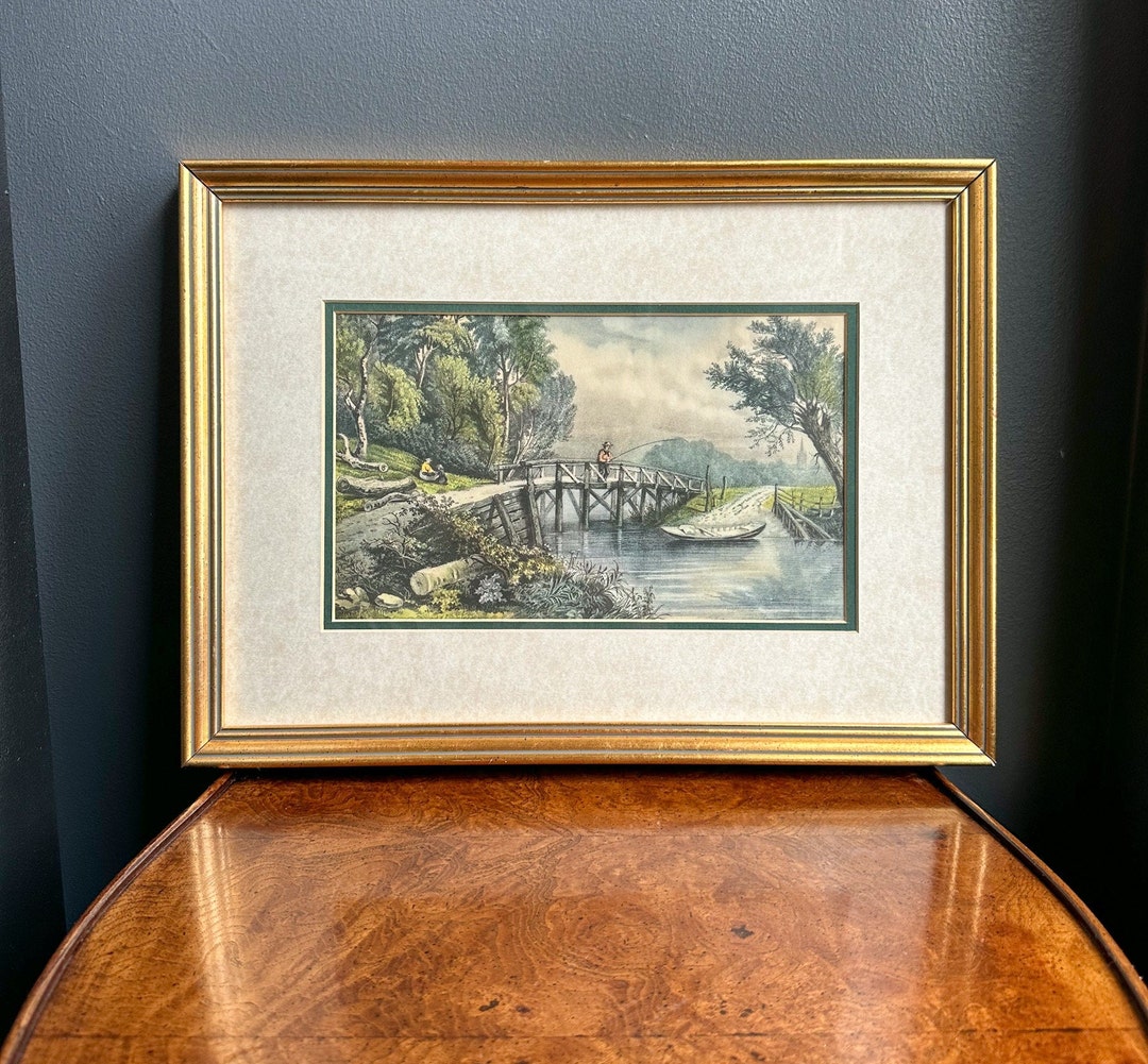 The Old Ford Bridge Currier & Ives Print in a Gold Frame, Vintage ...