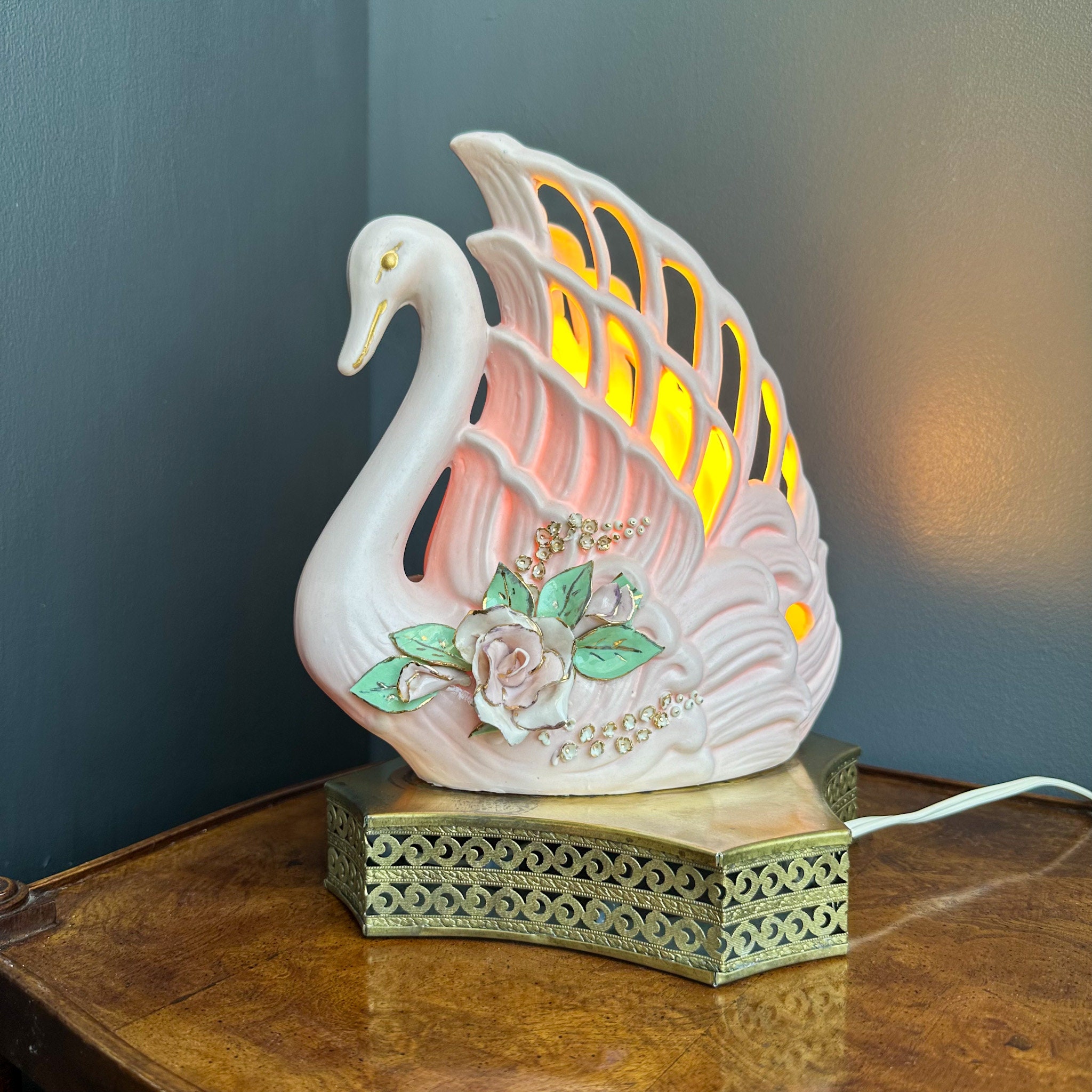 Antique Vintage Swan Table Lamp, Brass Desk Lamp, Ceramic Swan Figurine ...