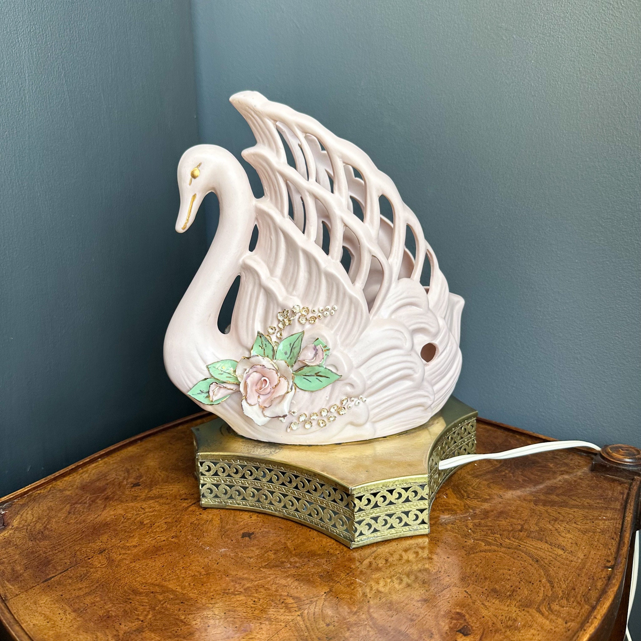 Antique Vintage Swan Table Lamp, Brass Desk Lamp, Ceramic Swan Figurine ...
