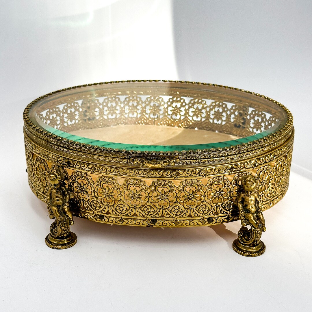 Antique Vintage Filigree Brass & Glass Trinket Box, Vintage Ornate ...