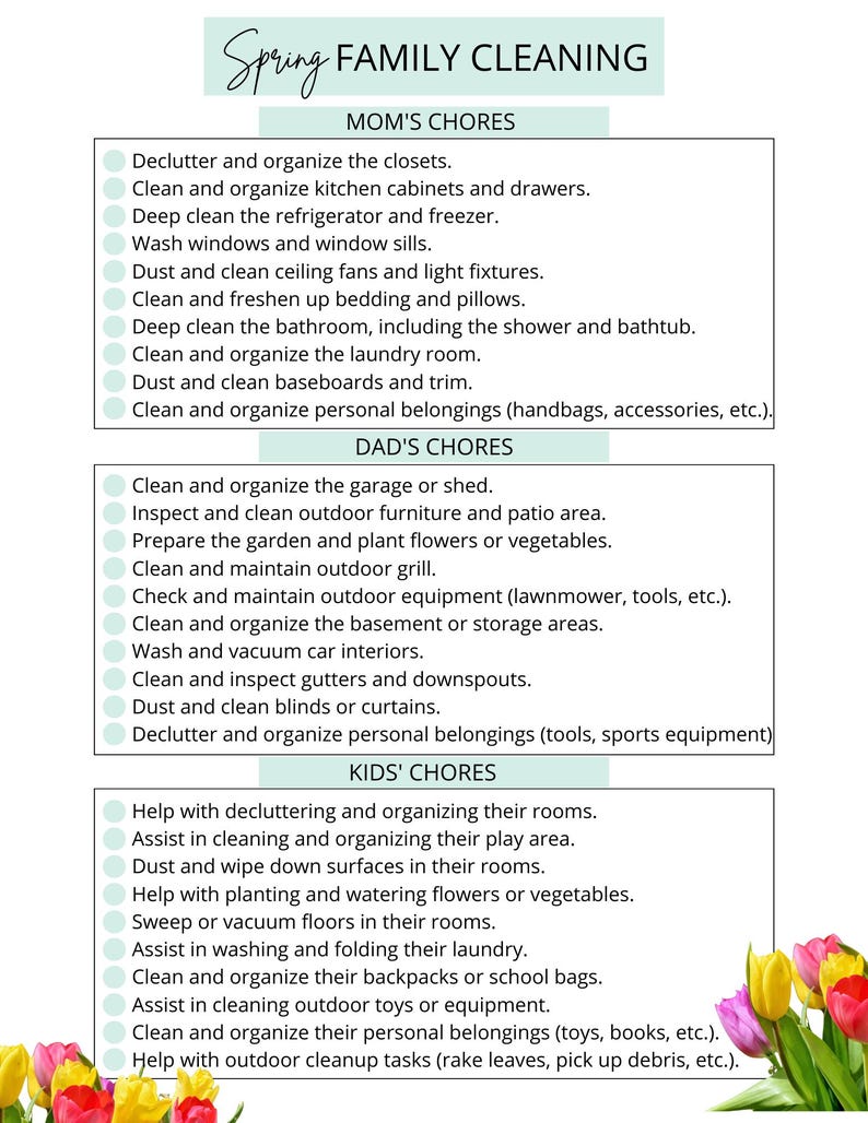 Family Spring Cleaning Checklist - Etsy