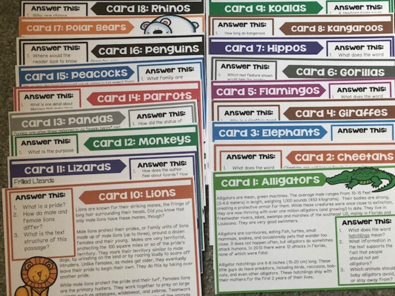 Reading Comprehension Passages Questions Task Cards INSTANT DOWNLOAD - Etsy