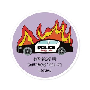 Funny Police Car Bonfire Round Stickers, Laptop Decals, Party Favors ...