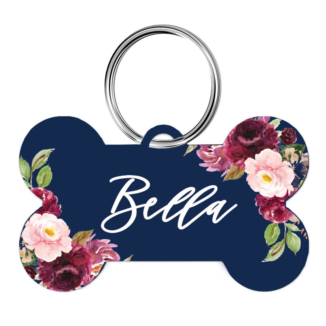 Navy Rose Floral Custom Dog Tag, Dog ID Tag, Cat Tag, Floral Pet Tag ...