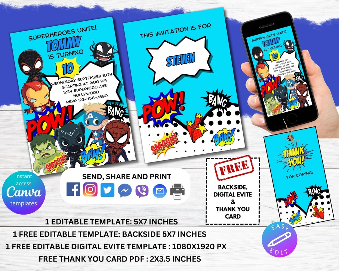 Superhero DIY Template Invitation Invite, Birthday Celebration ...
