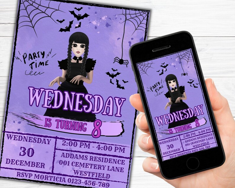 Wednesday Addams Personalized Printable and Mobile Birthday Invitation ...