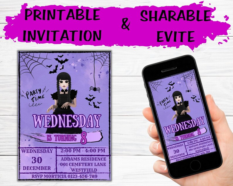Wednesday Addams Personalized Printable and Mobile Birthday Invitation ...