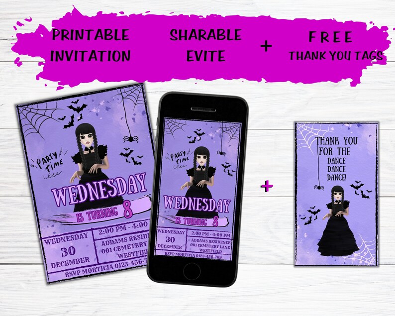Wednesday Addams Personalized Printable and Mobile Birthday Invitation ...