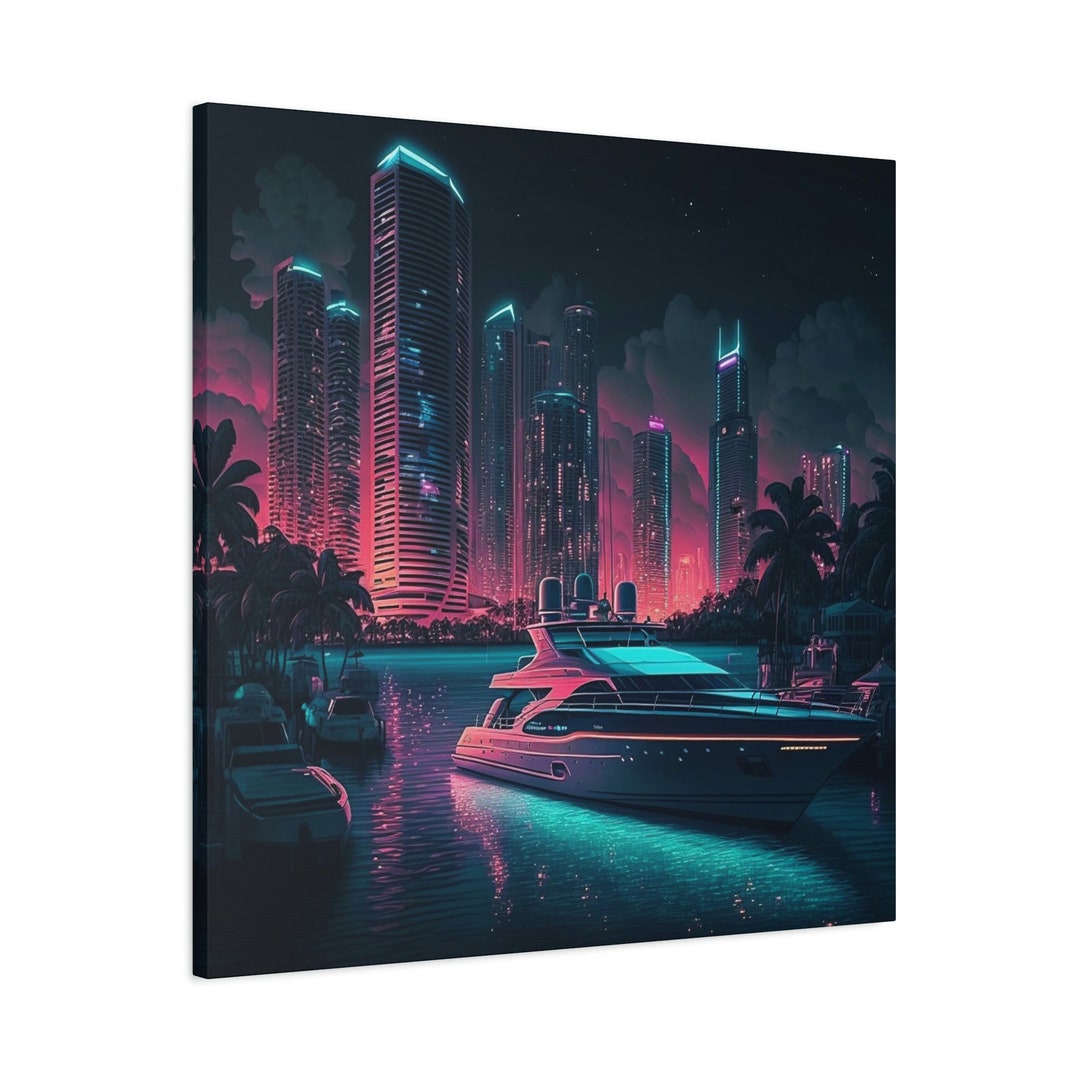 Miami Canvas, Yacht Canvas, Miami, Palm Trees, Pink and Blue Canvas ...