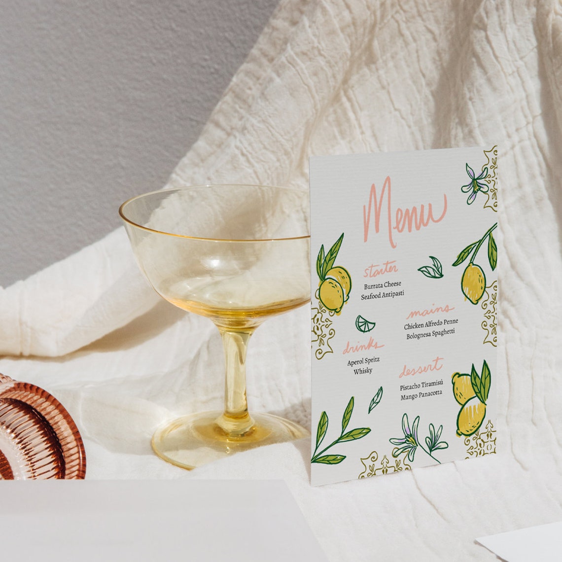 Dinner Party Menu Template Printable | Lemon Citrus Design Hand-drawn ...