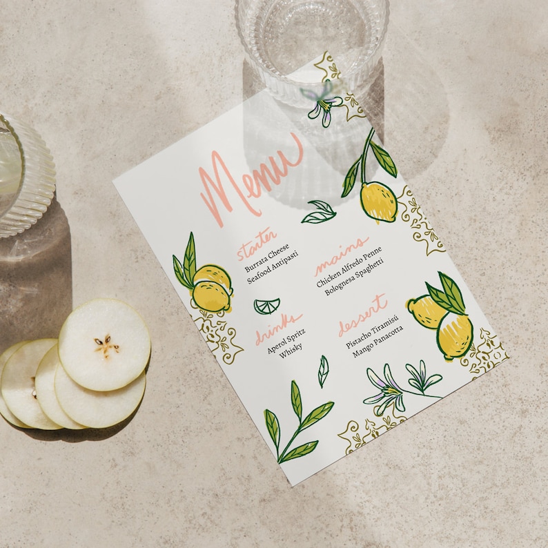 Dinner Party Menu Template Printable | Lemon Citrus Design Hand-drawn ...