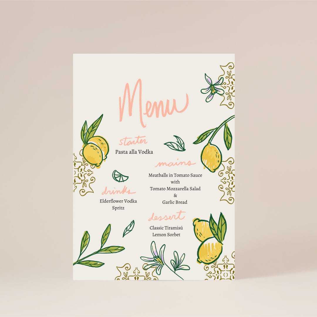 Dinner Party Menu Template Printable | Lemon Citrus Design Hand-drawn ...