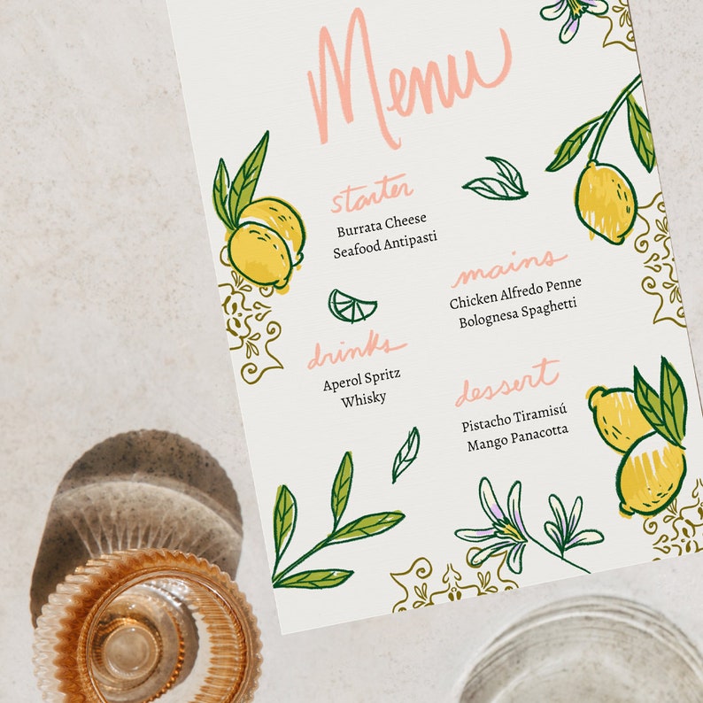 Dinner Party Menu Template Printable | Lemon Citrus Design Hand-drawn ...