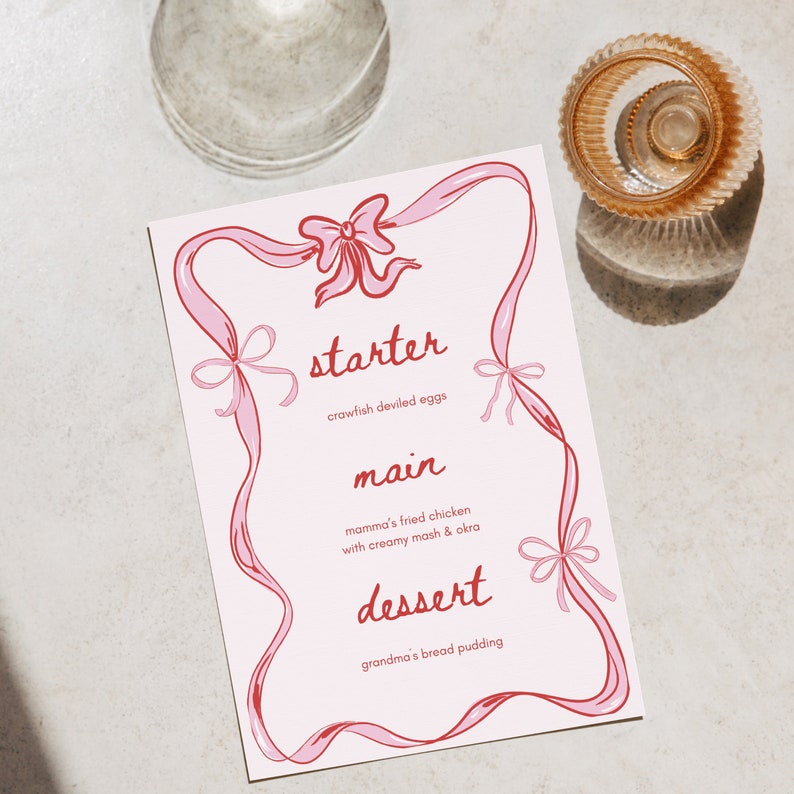 COQUETTE DINNER MENU - Hand-drawn Pink Bow Doodle Menu for Shabbat ...