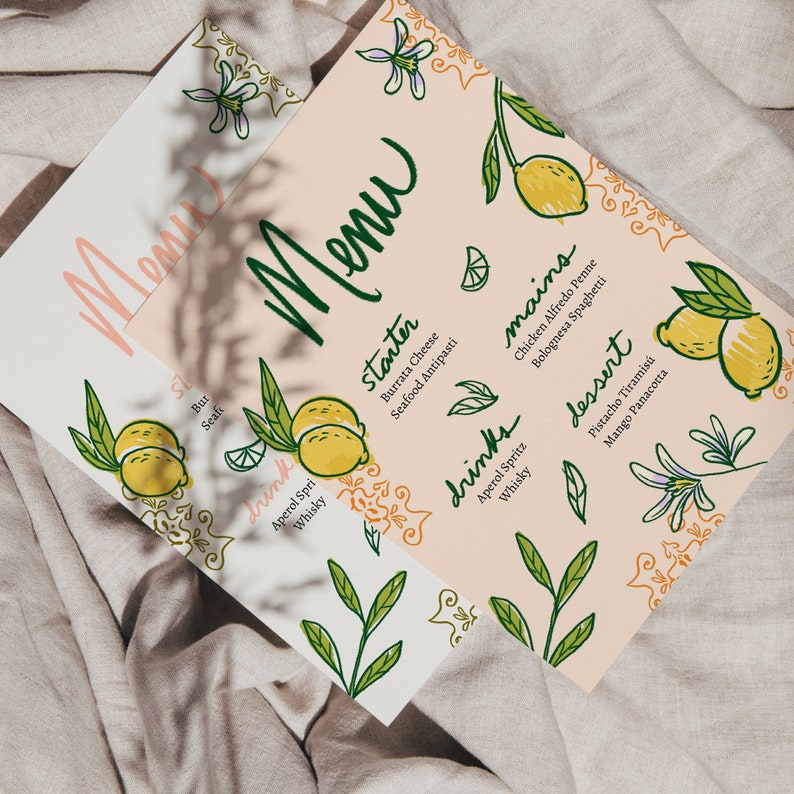 Printable Menu for Dinner Party or Shabbat Dinner | Hand-drawn Lemon ...
