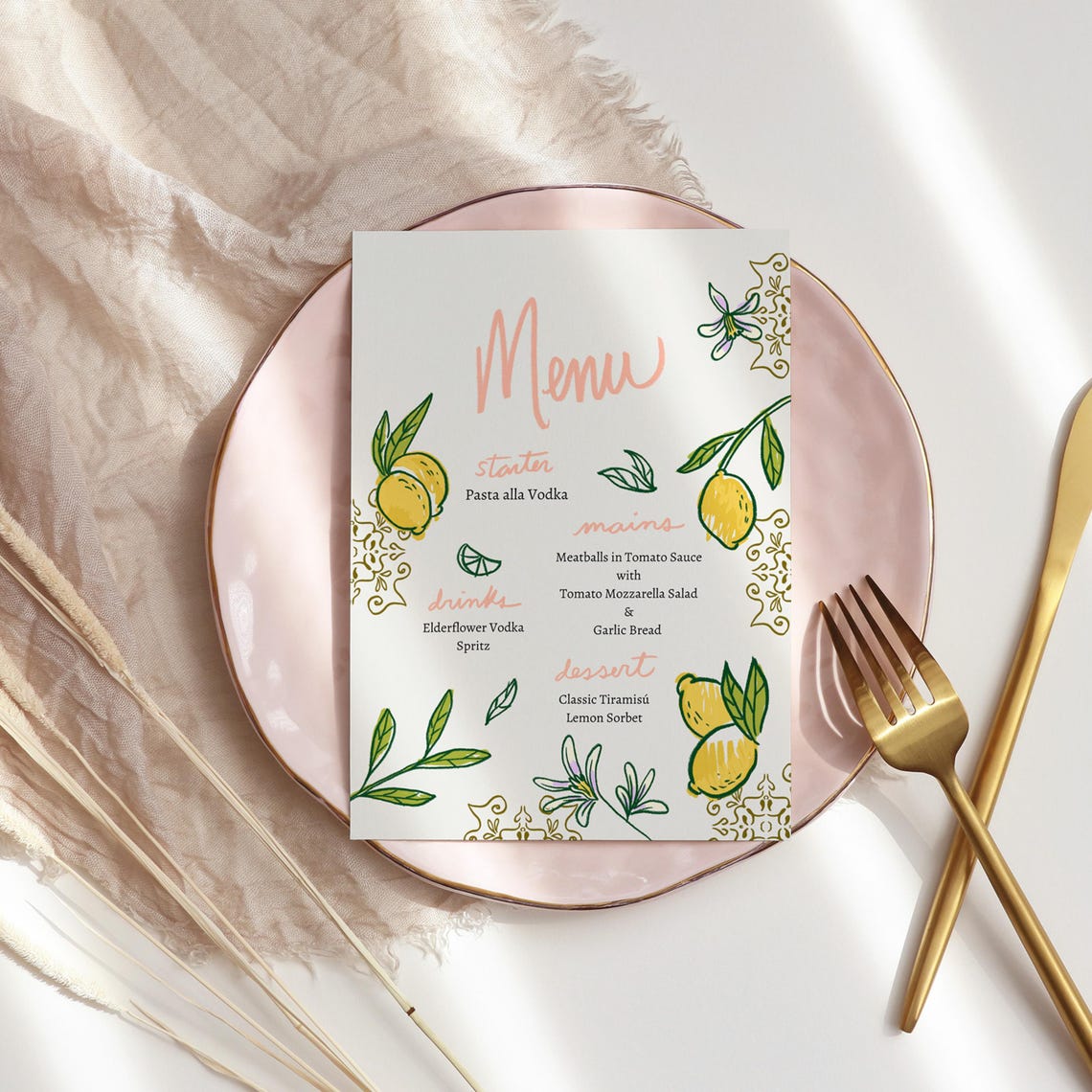 Dinner Party Menu Template Printable | Lemon Citrus Design Hand-drawn ...