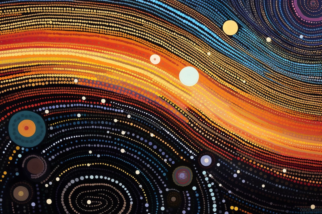 Set of 5 Aboriginal Art Inspired Dot Paintings - Colourful Solar System Prints - Indigenous ...