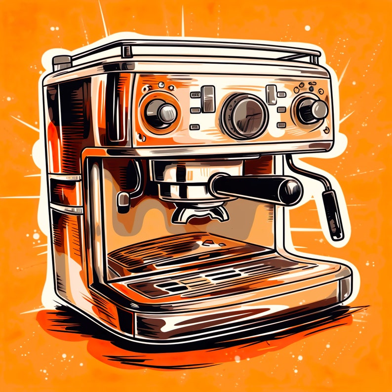 Art Deco Coffee Machine Sketch: Vibrant Orange Digital Print for Coffee ...