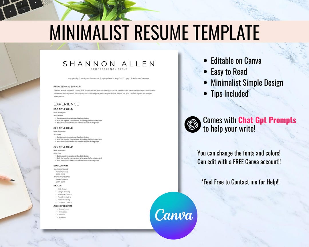 Minimalist Modern Resume Template for Canva With Chat GPT Prompts for ...