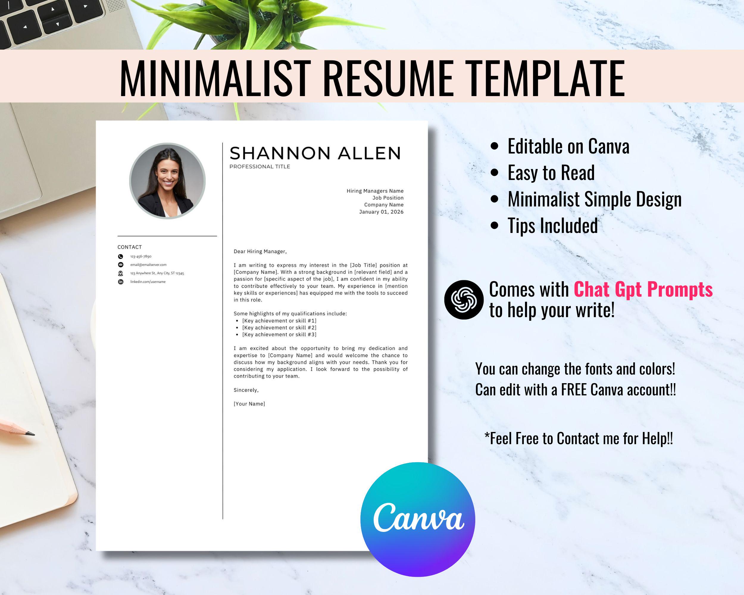 Modern Minimalist Resume Template for Canva With Chat GPT Prompts for ...