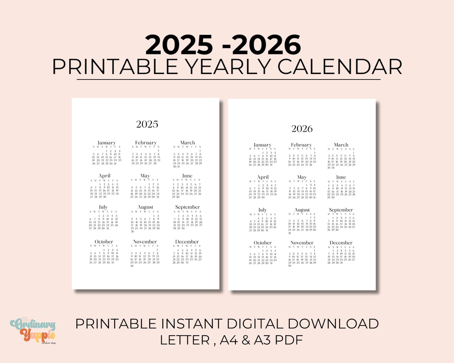 2025-2026 Yearly Printable Calendar Digital Download Letter A4 A3 Year ...