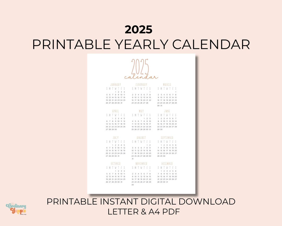 2025 Yearly Printable Calendar Digital Download Letter A4 Year at a ...