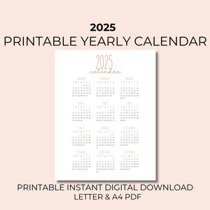 2025 Yearly Printable Calendar Digital Download Letter A4 Year at a ...