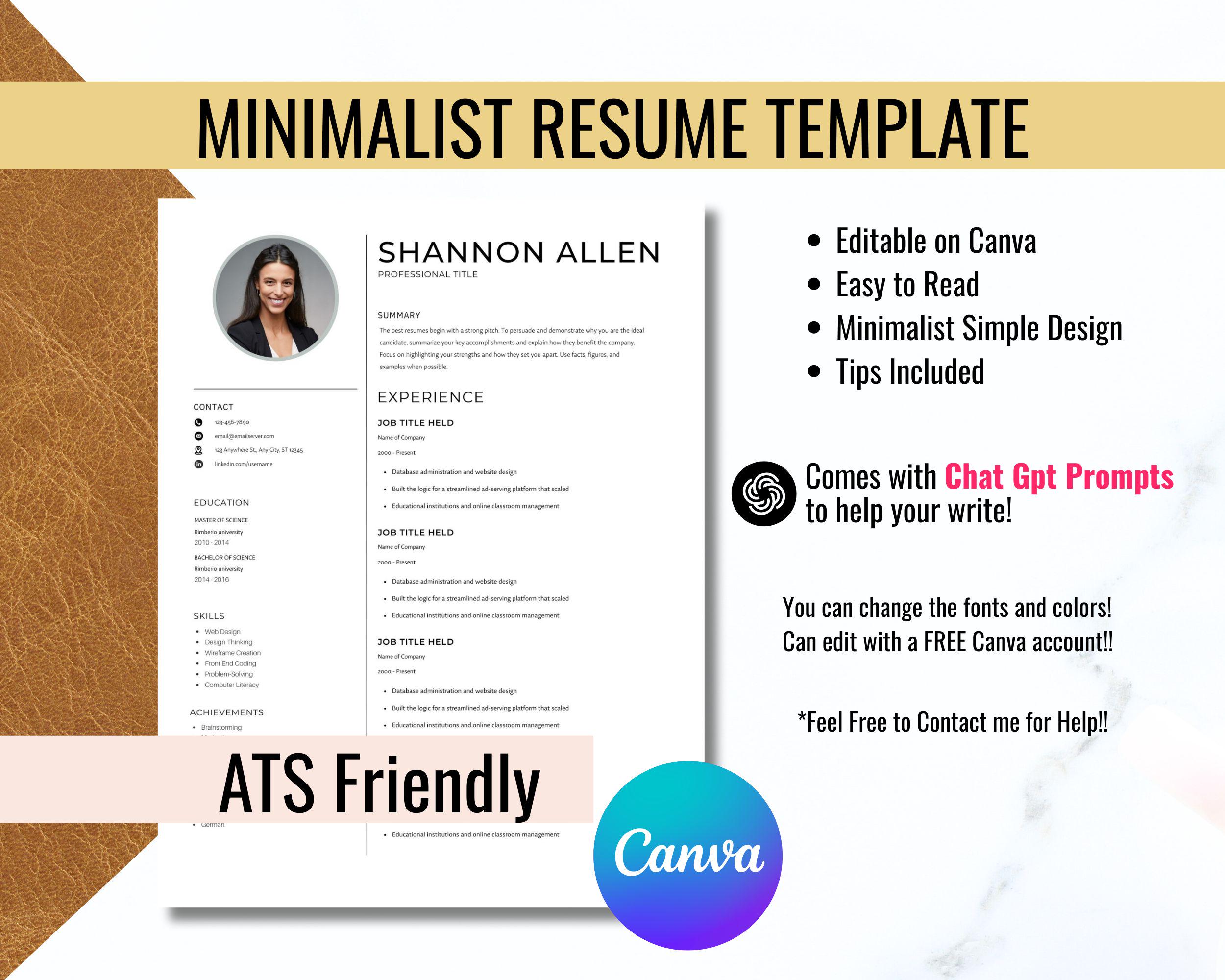 Modern Minimalist Resume Template for Canva With Chat GPT Prompts for ...