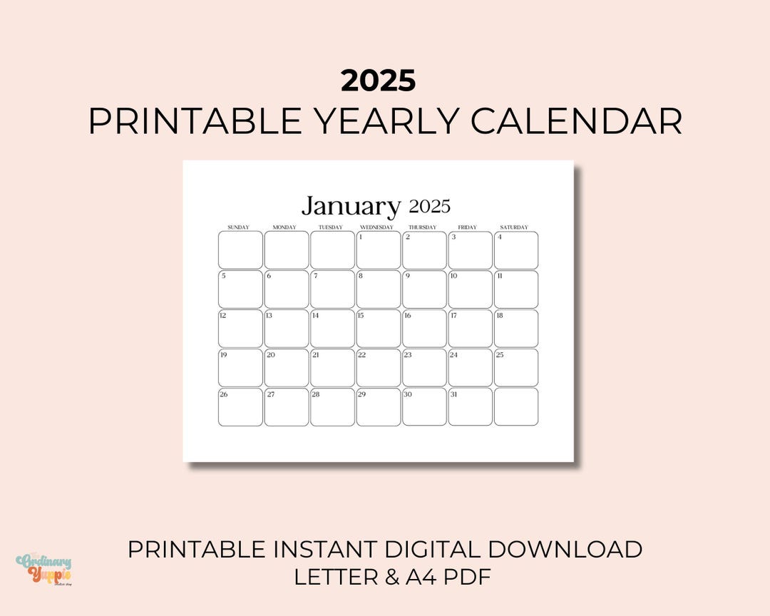 2025 Yearly Printable Calendar Digital Download Letter A4 Year at a ...