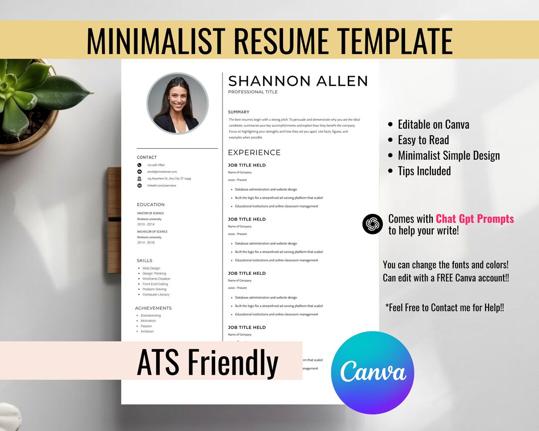 Modern Minimalist Resume Template for Canva With Chat GPT Prompts for ...