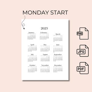 2025-2026 Yearly Printable Calendar Digital Download Letter A4 A3 Year ...