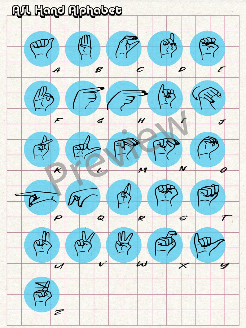American Sign Language Alphabet Blue Grid - Etsy