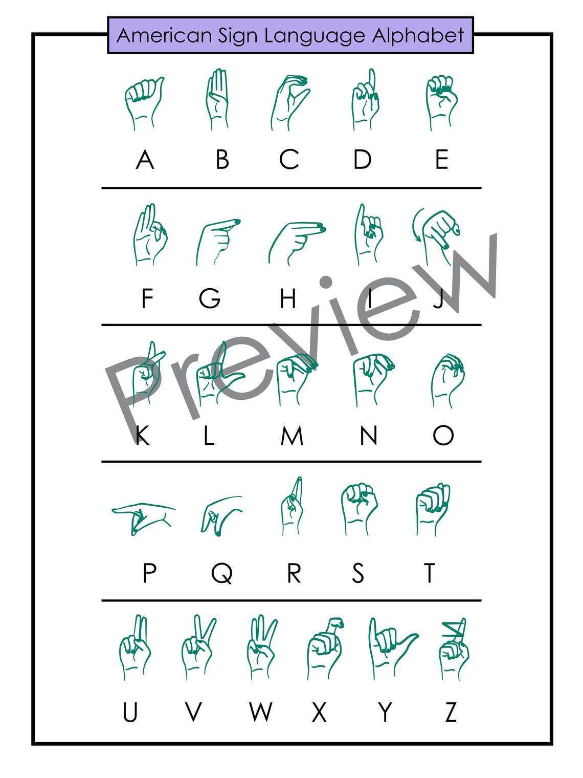 American Sign Language Alphabet Green - Etsy