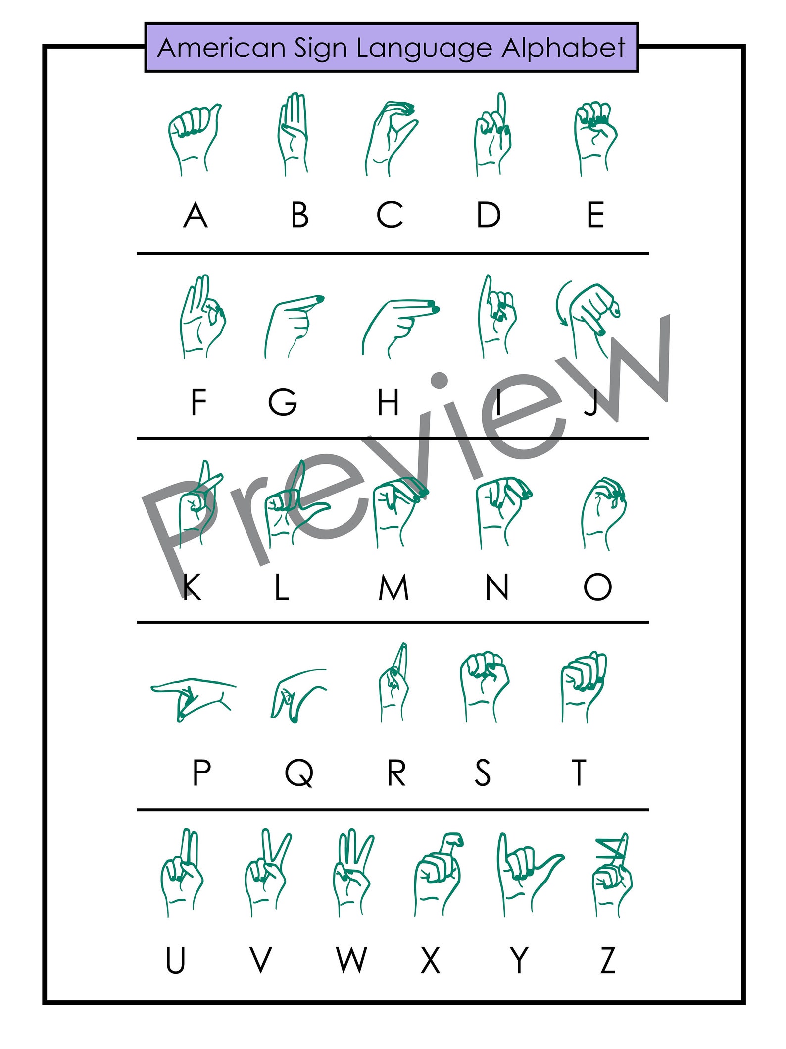American Sign Language Alphabet Green - Etsy